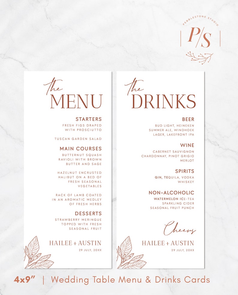 Modern Wedding Table Menu and Drinks Card Template Editable Burnt ...