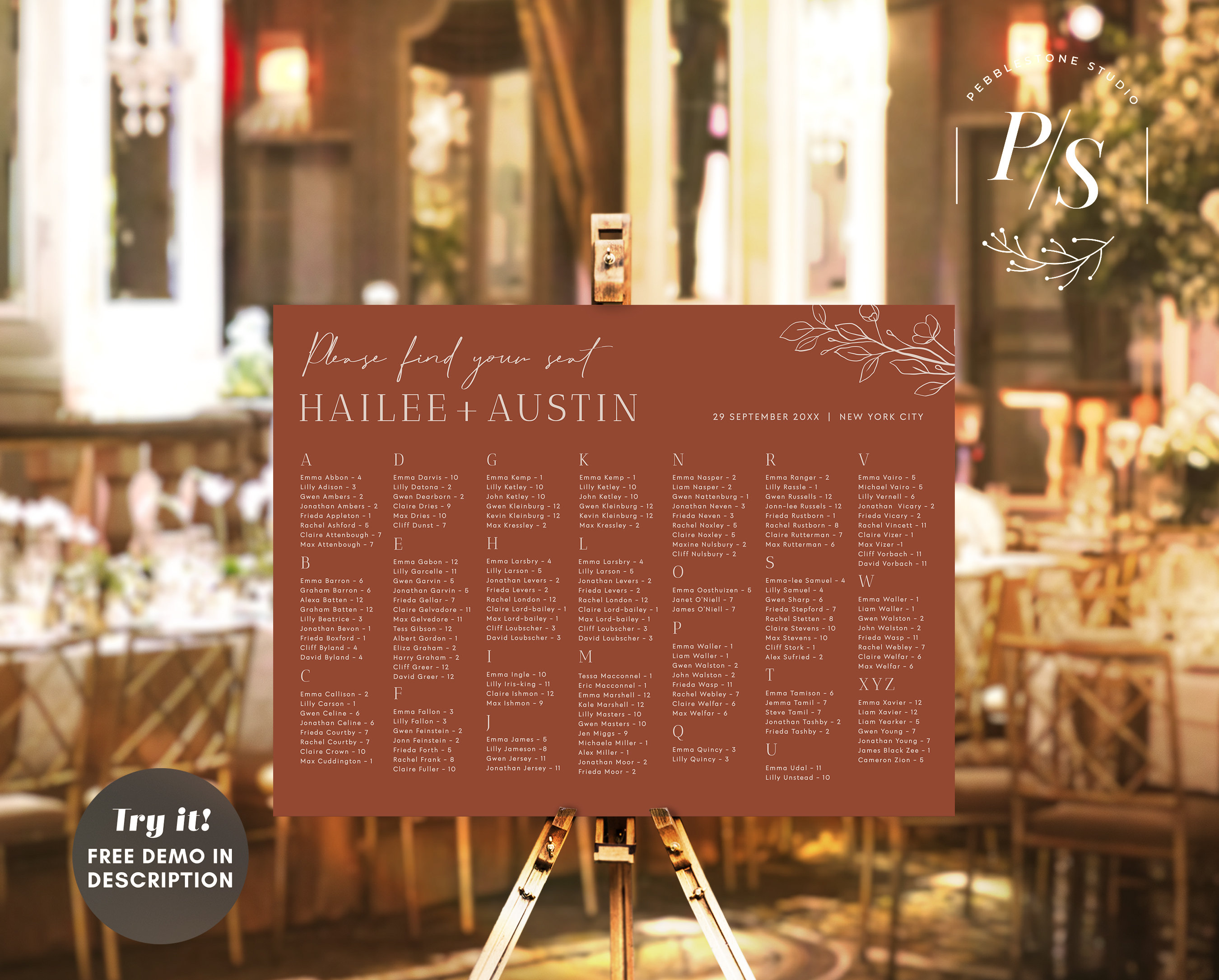 Alphabetical Burnt Orange Seating Chart Sign Landscape Terracotta ...