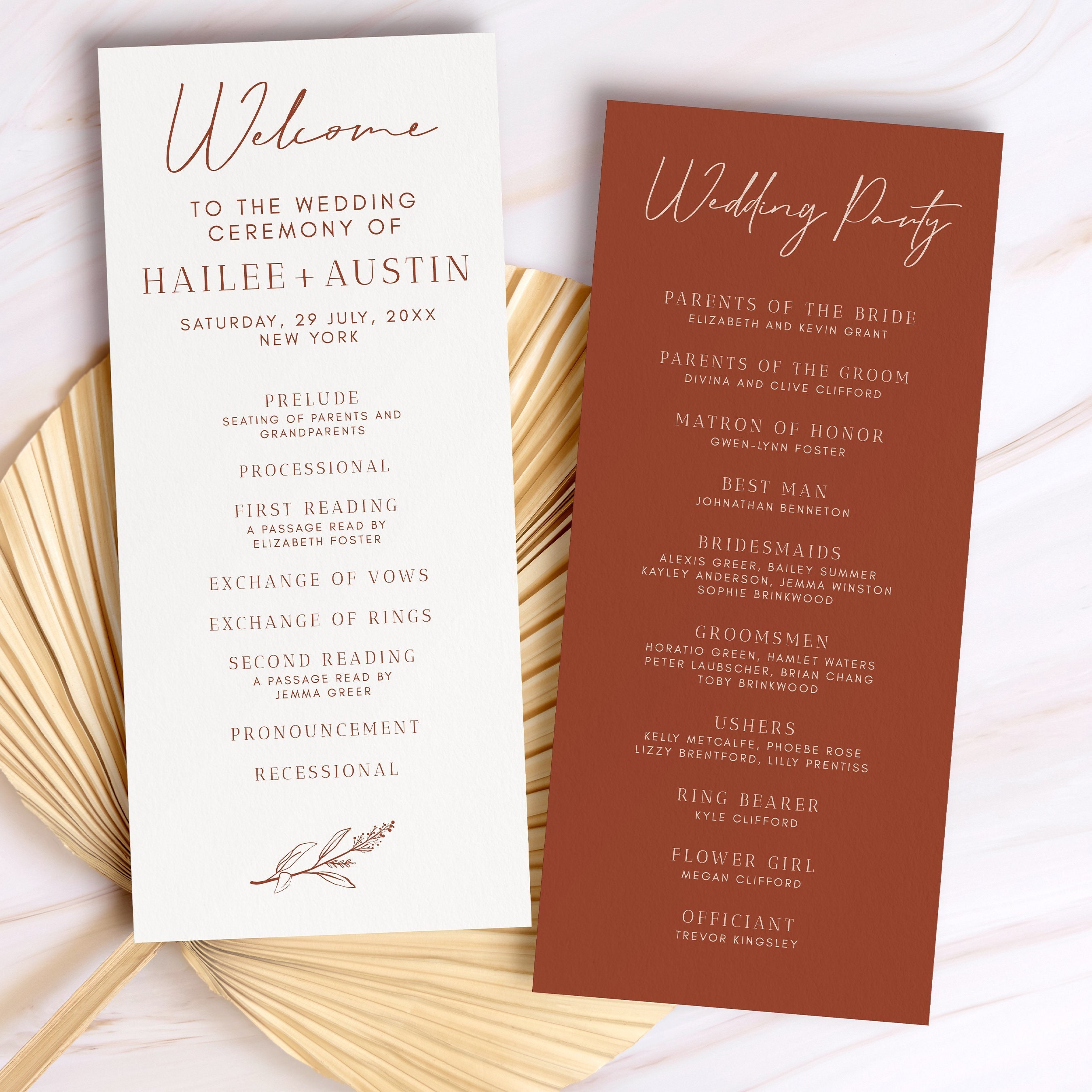 Wedding Program Card With Order of Service, Terracotta Wedding ...