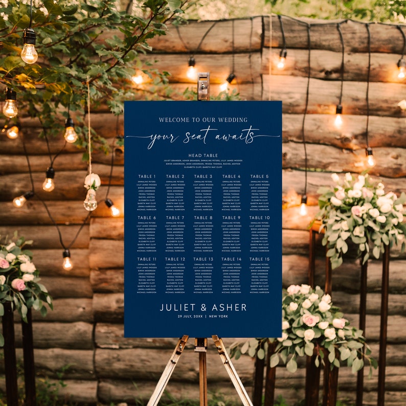 Navy Blue Wedding Seating Chart Sign Editable Template, Printable ...