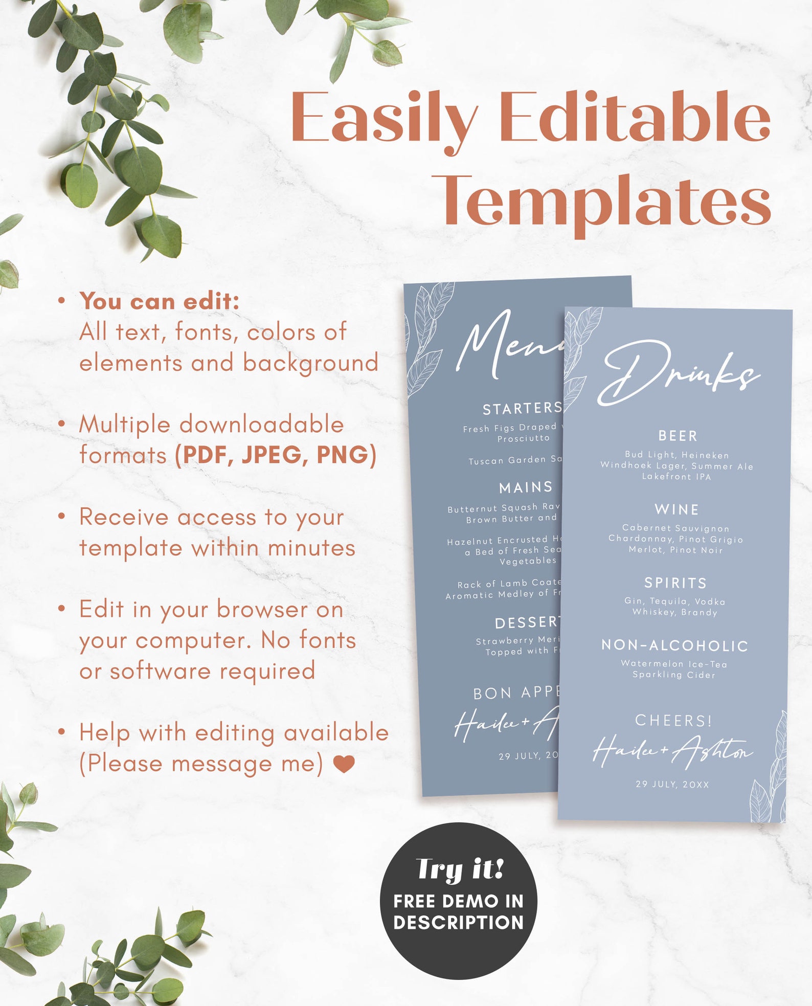 Dusty Blue Wedding Menu Card and Drinks Menu Card Template, Editable ...