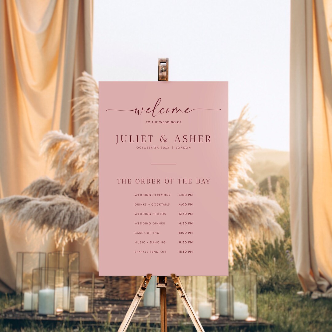 Boho Pink Wedding Itinerary Sign Editable Template, Sunset Wedding ...