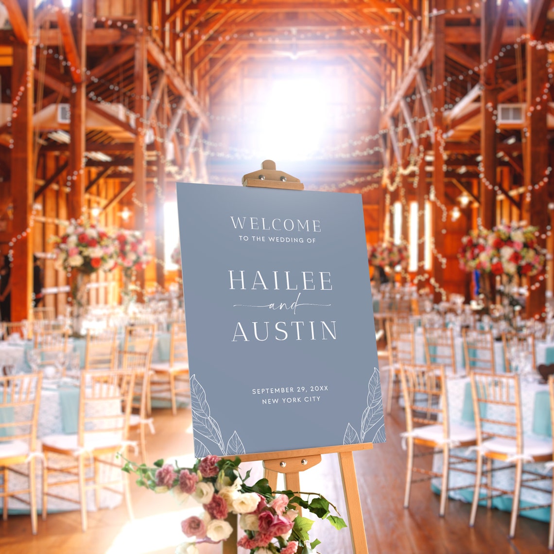 Dusty Blue Wedding Welcome Sign Template Fully Editable, Boho Pale Blue ...