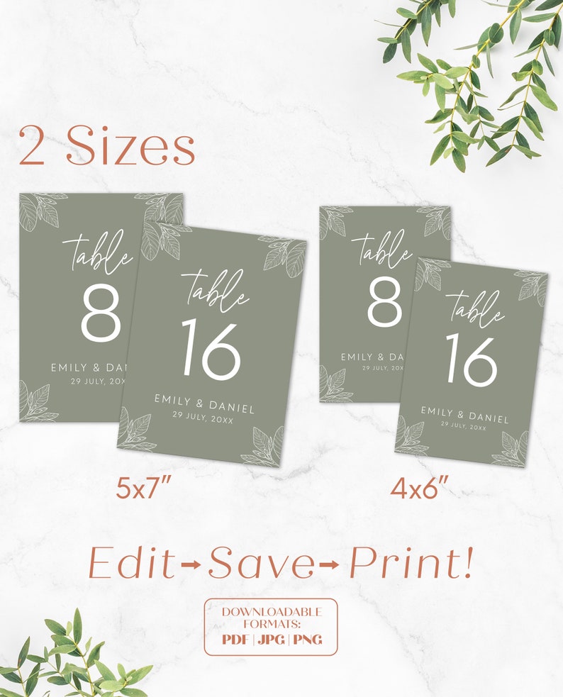 Sage Green Table Numbers Signs | Wedding Table Number Card Template ...