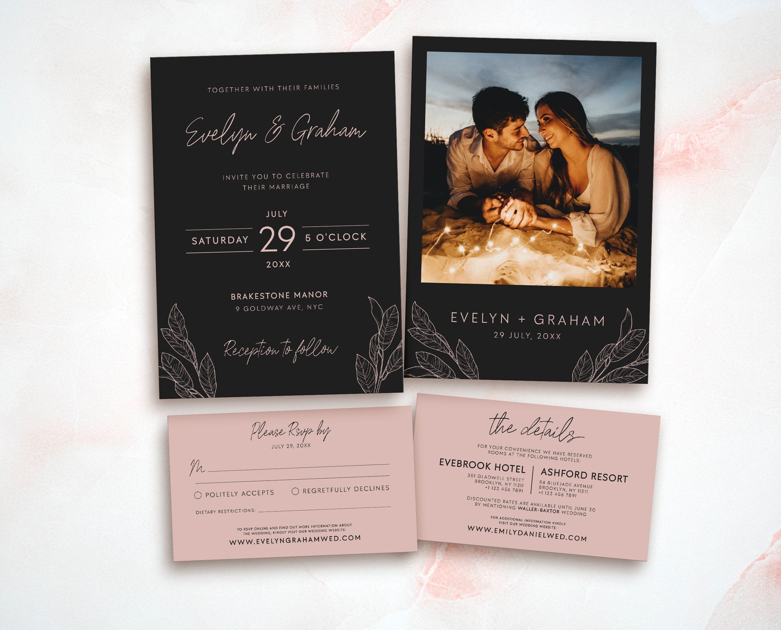 Black and rose gold wedding invitations | Beachweddingtips.com