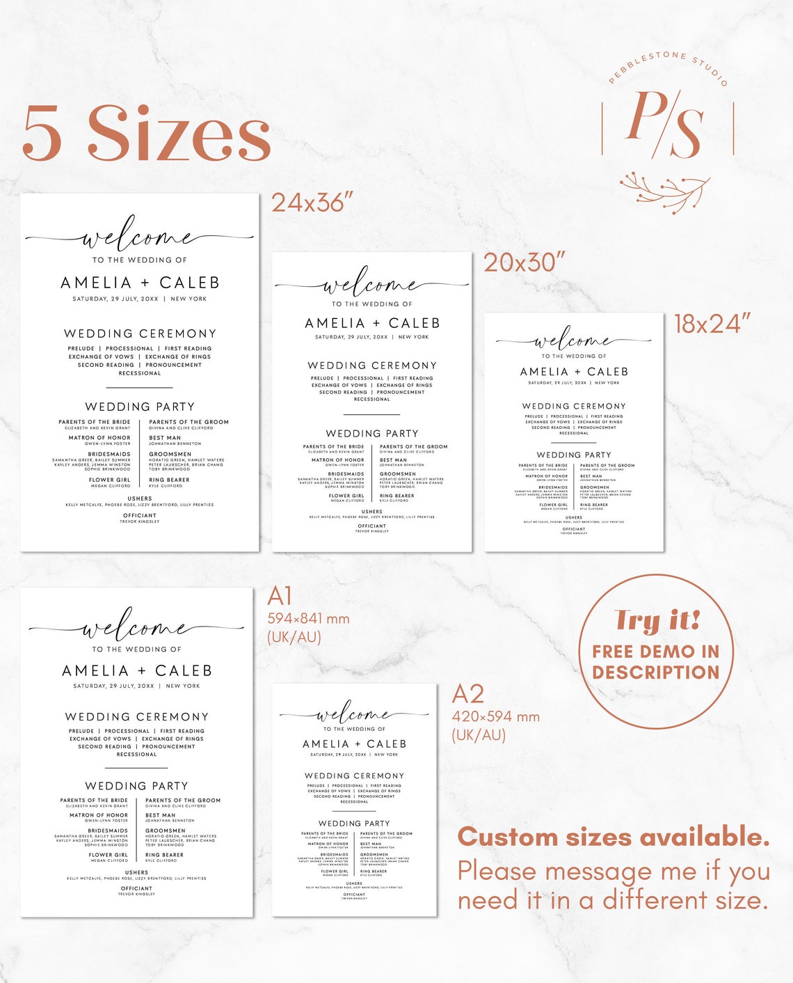 Large Editable Wedding Order of Service Sign Template Modern Minimalist ...