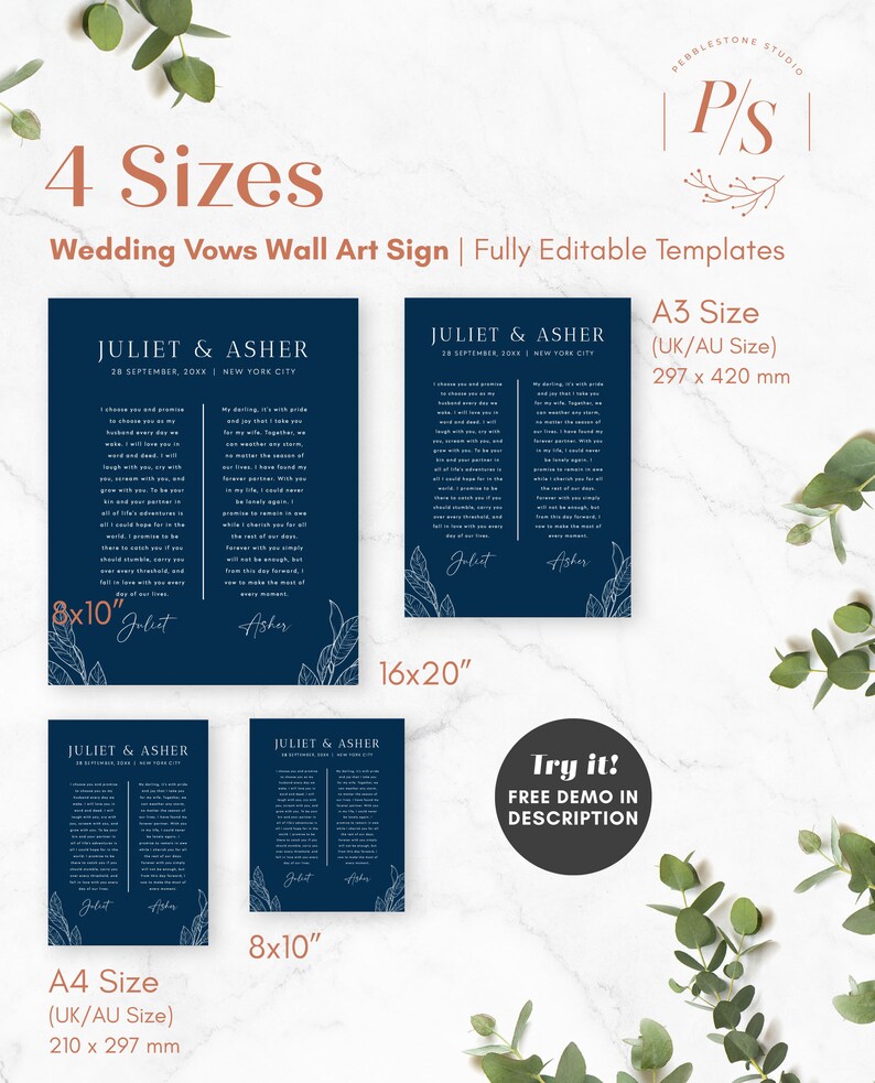 Navy Blue Wedding Vows Home Wall Art Poster Sign Printable Template ...