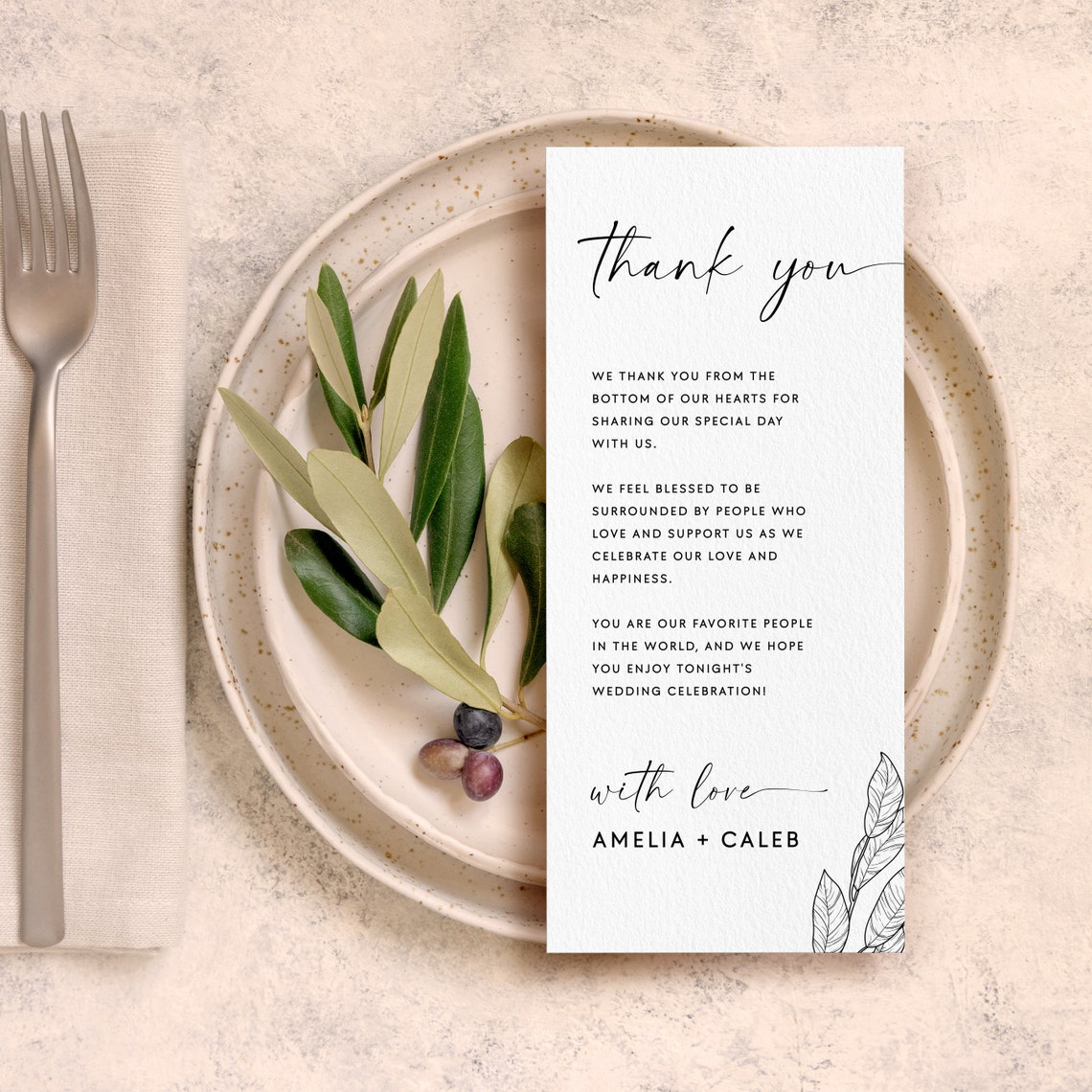 Minimalist Wedding Table Plate Thank You Note Editable Template Thank ...