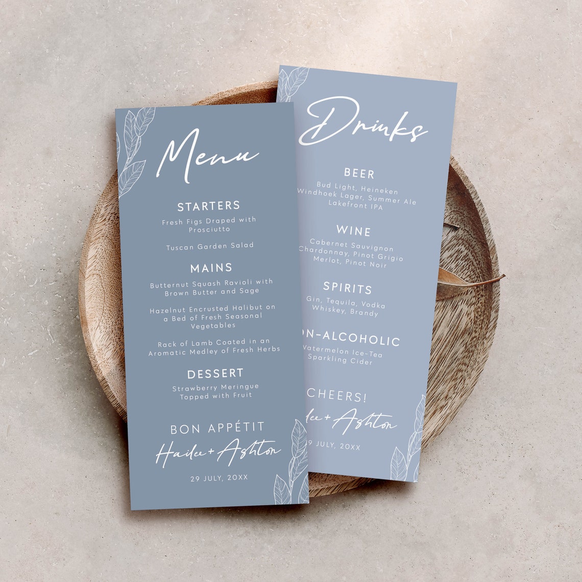 Dusty Blue Wedding Menu Card and Drinks Menu Card Template, Editable ...