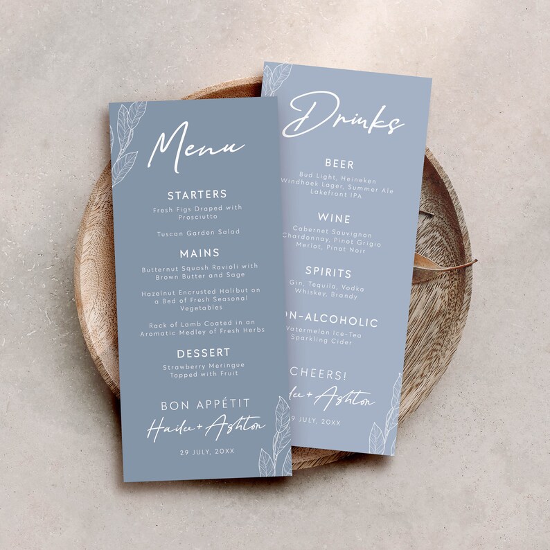 Dusty Blue Wedding Menu Card and Drinks Menu Card Template, Editable ...