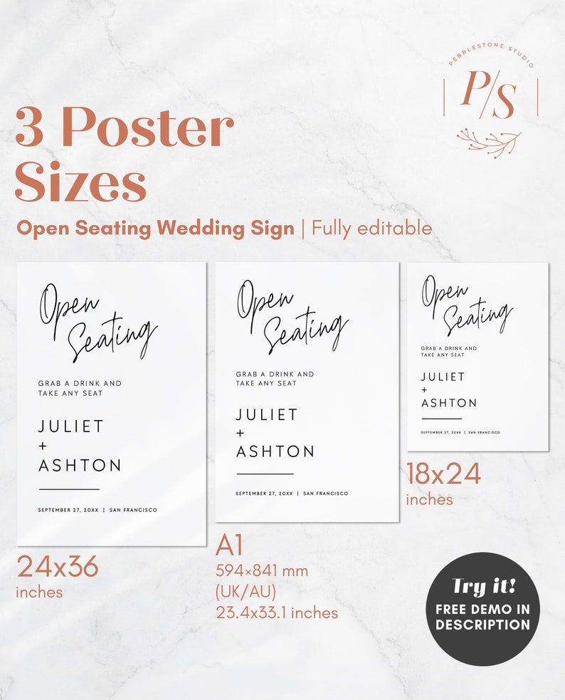 Plantilla de letrero editable de asientos abiertos de boda minimalista ...