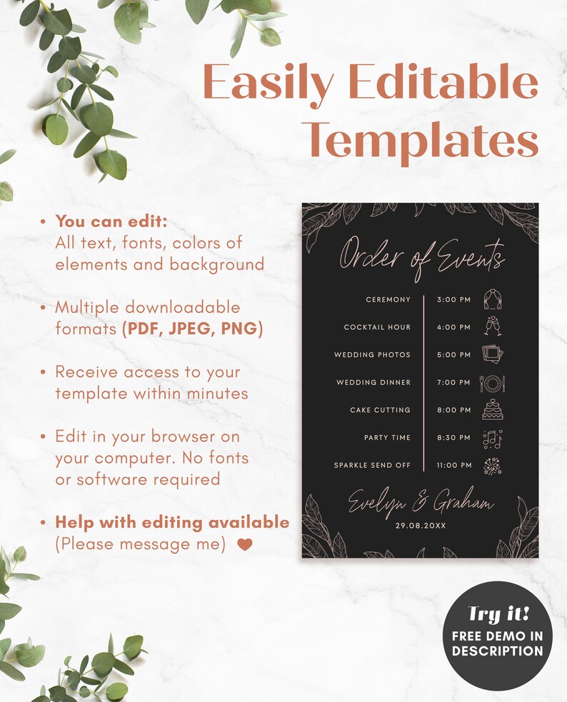 Dusty Pink Order of Events Wedding Sign Template With Black Background ...