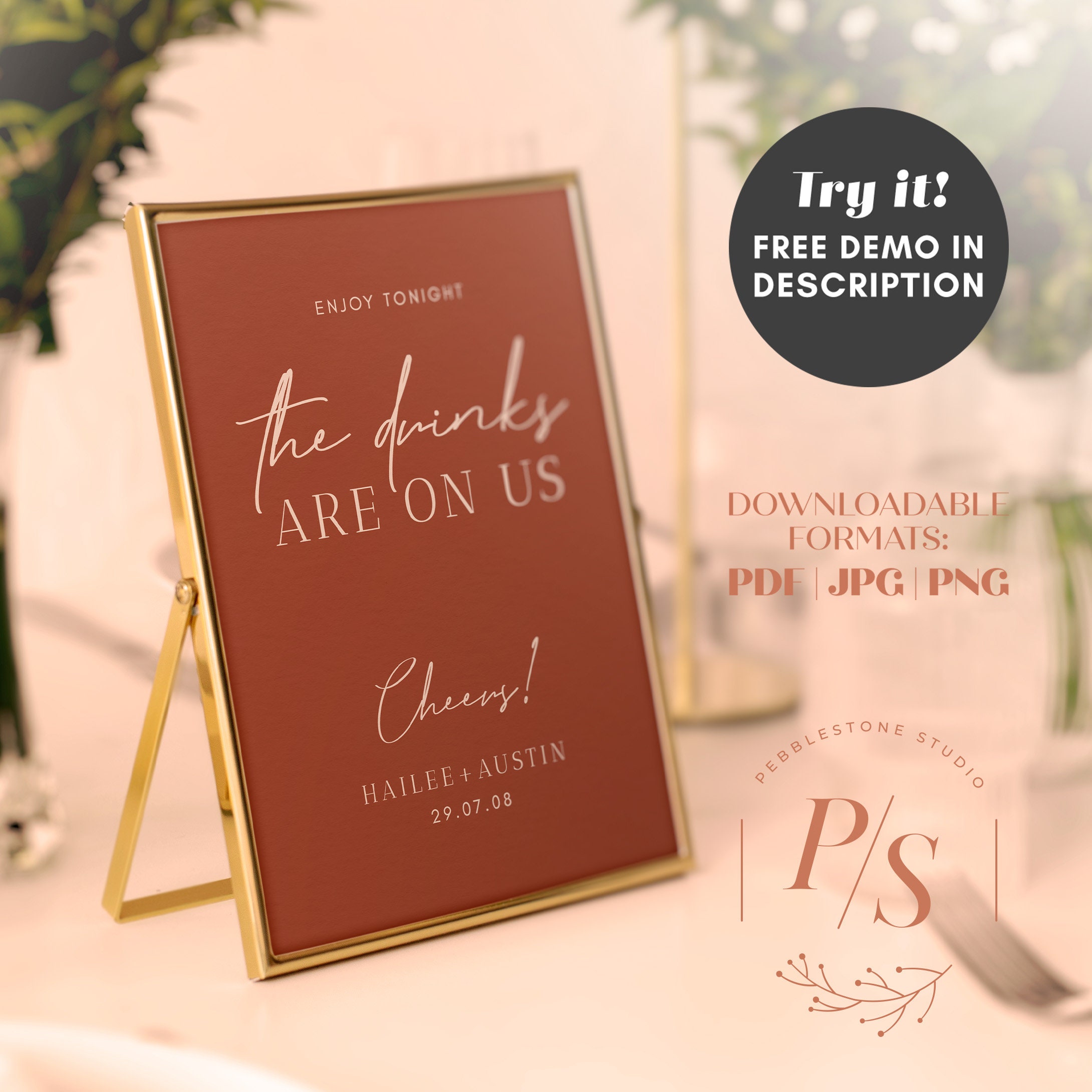 Terracotta Free Drinks Sign Template for Minimalist Wedding | Burnt ...