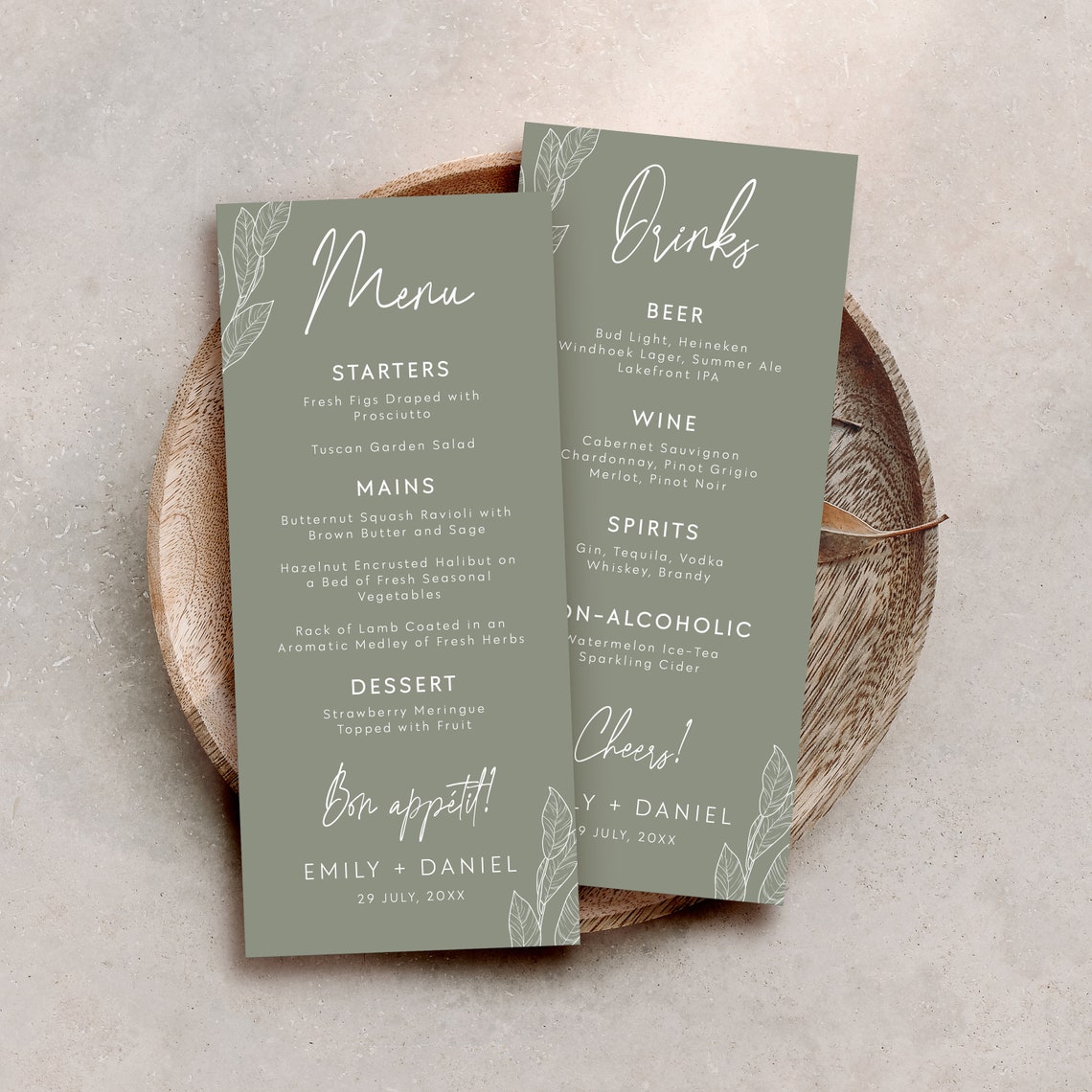 Sage Green Wedding Dinner Menu Template With Drinks Card, Printable ...