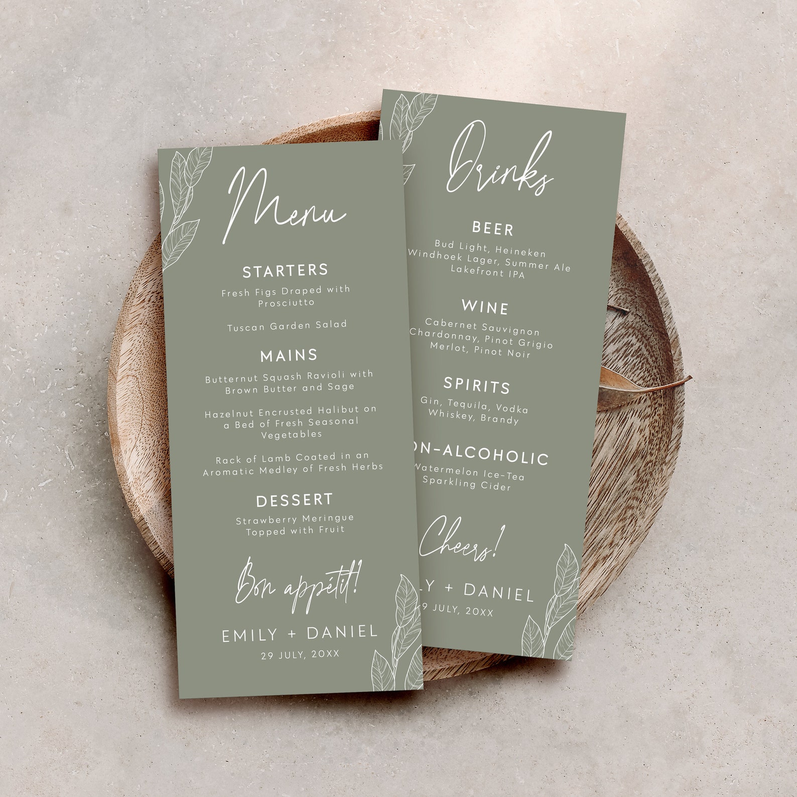 Sage Green Wedding Dinner Menu Template With Drinks Card, Printable ...