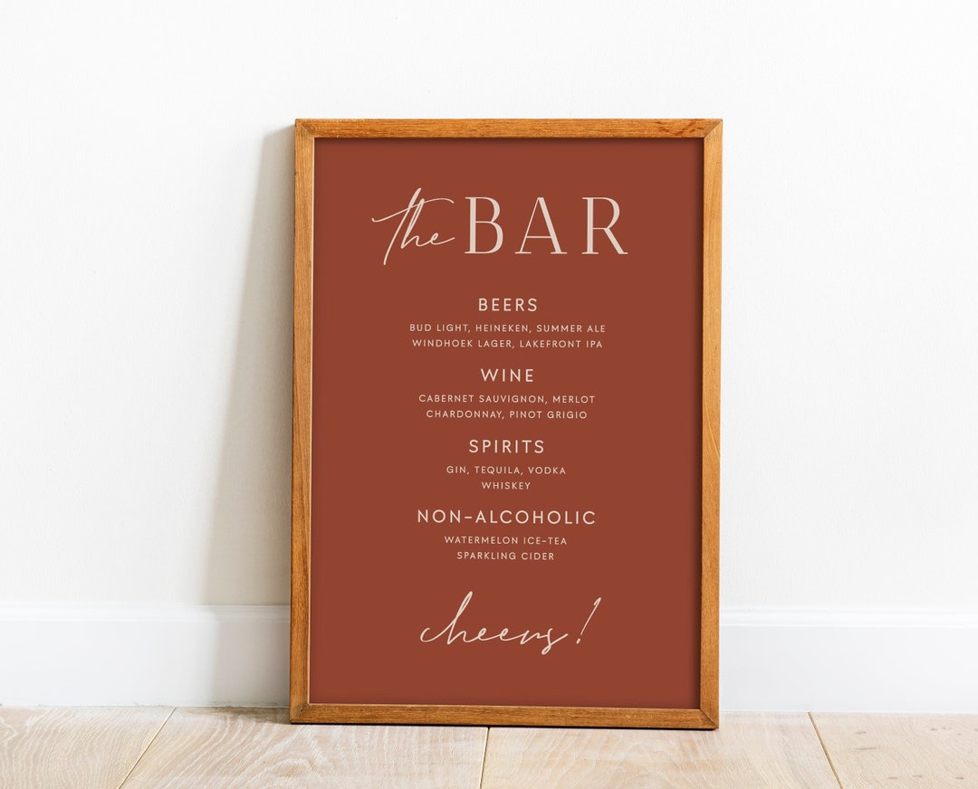 Modern Terracotta Wedding Small Bar Menu Sign, Minimalist Earth Tone ...
