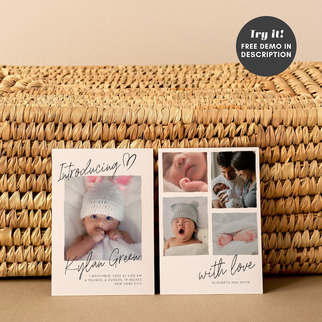 Minimal New Baby Photo Announcement Card Template | Printable Newborn ...