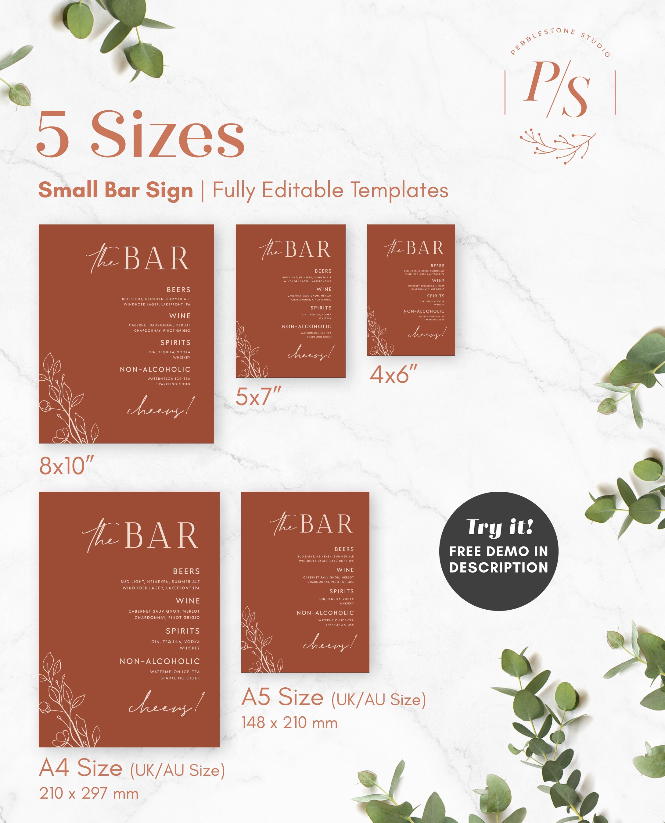 Small Burnt Orange Wedding Bar Menu Sign Printable Template, Modern Bar ...