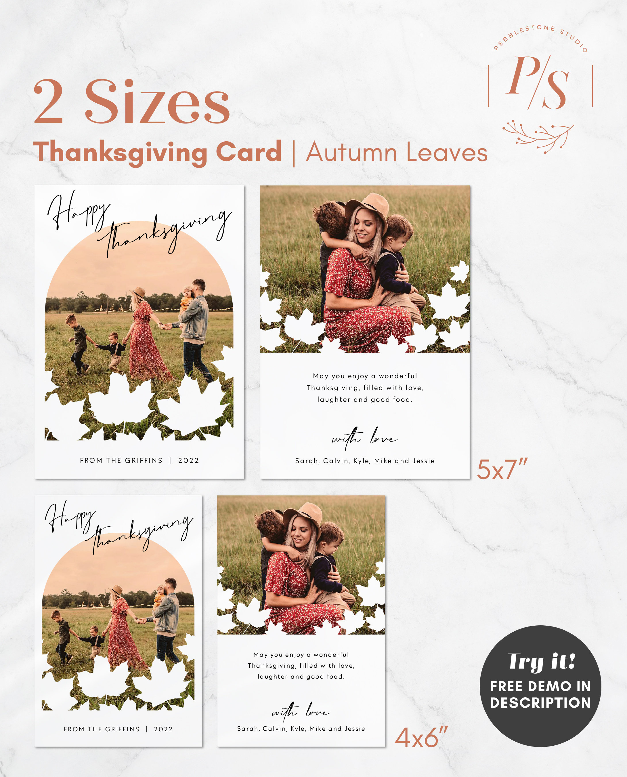 Thanksgiving Family Photo Card Template With Autumn Leaves | DIY ...