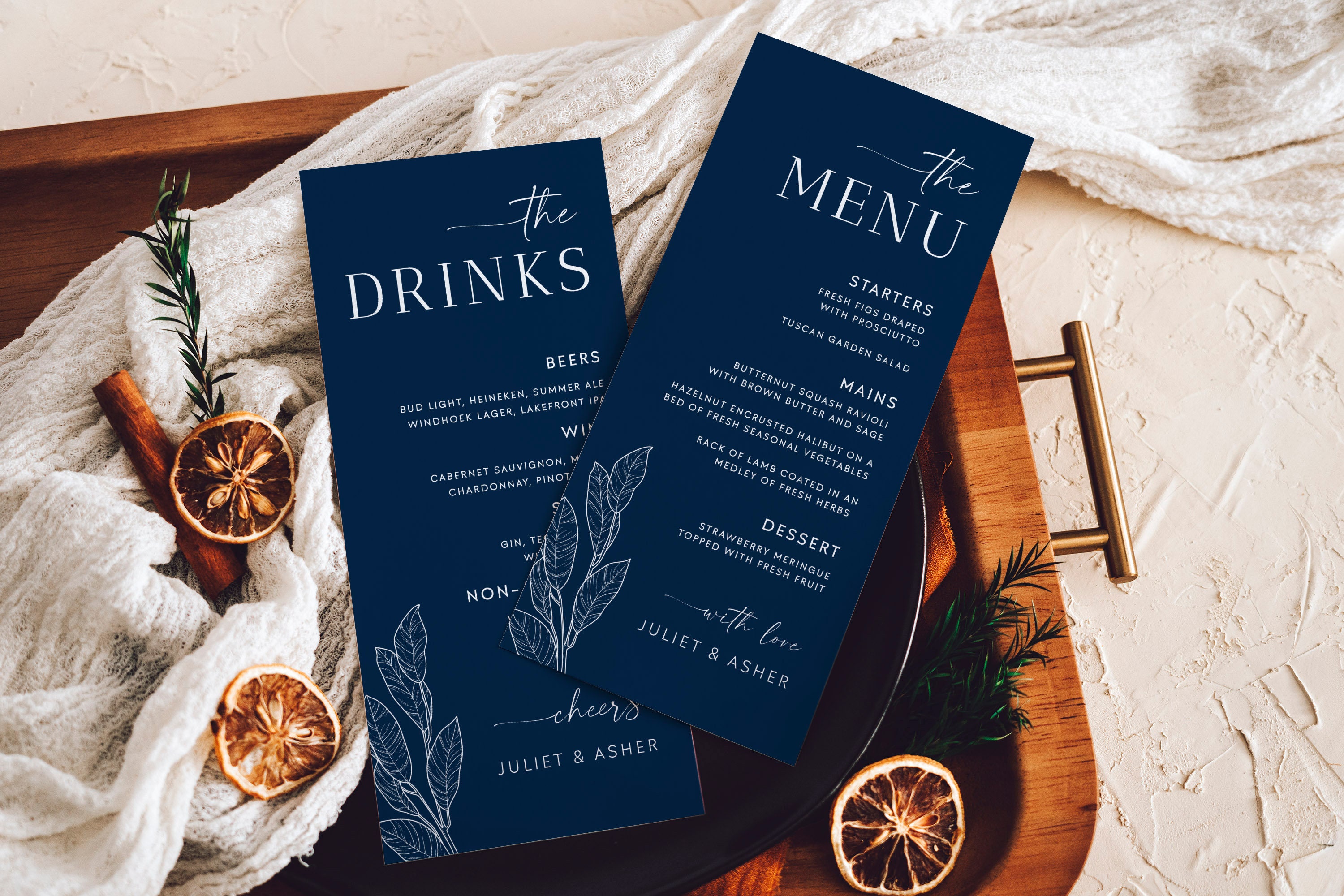 Navy Blue Wedding Dinner Menu Cards Editable Template, Boho Blue Drinks ...