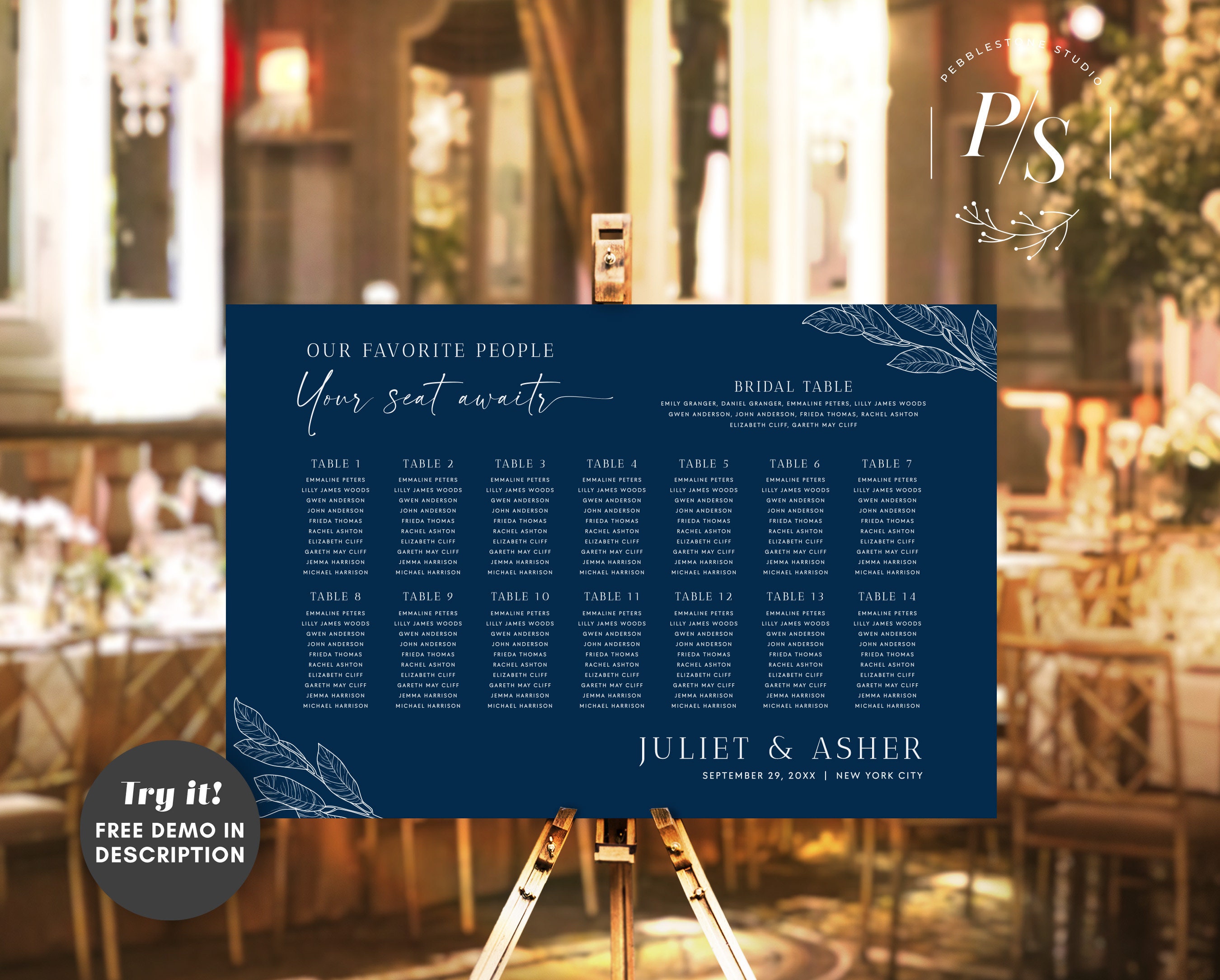 Rustic Navy Blue Landscape Wedding Seating Chart Sign Editable Template ...