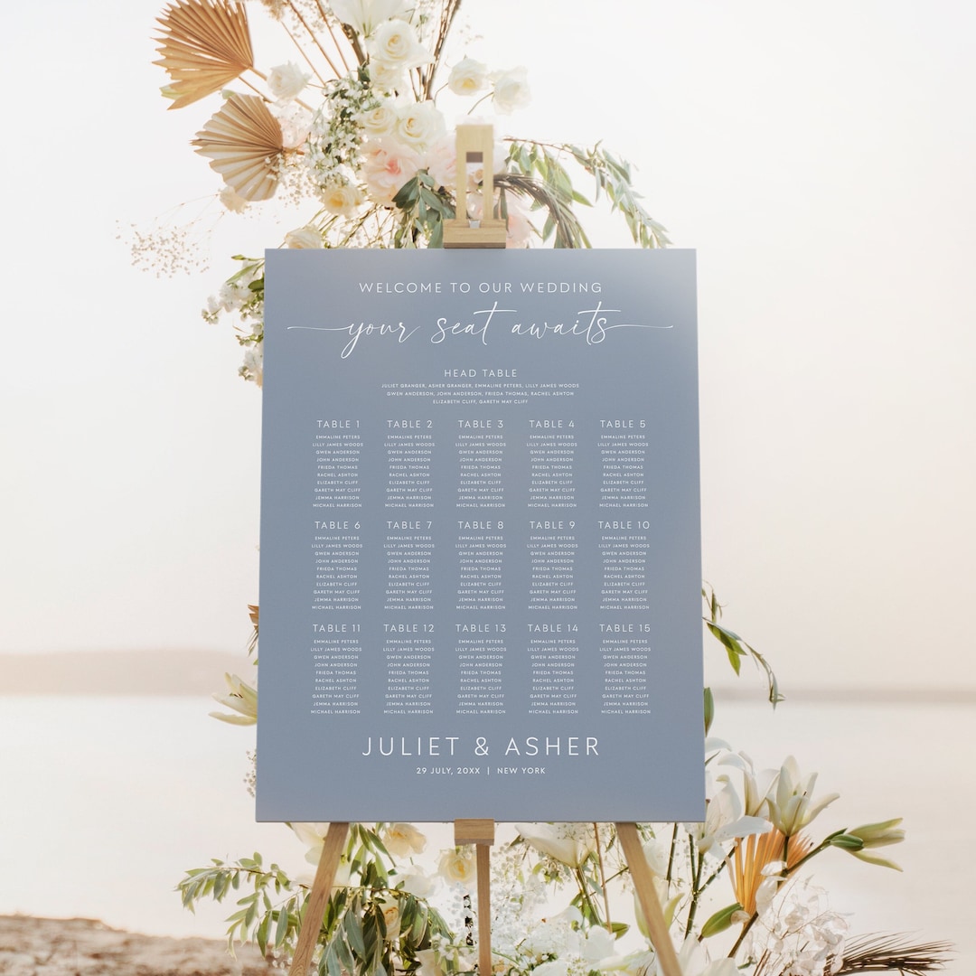 Dusty Blue Wedding Seating Chart Sign Template, Editable Printable ...