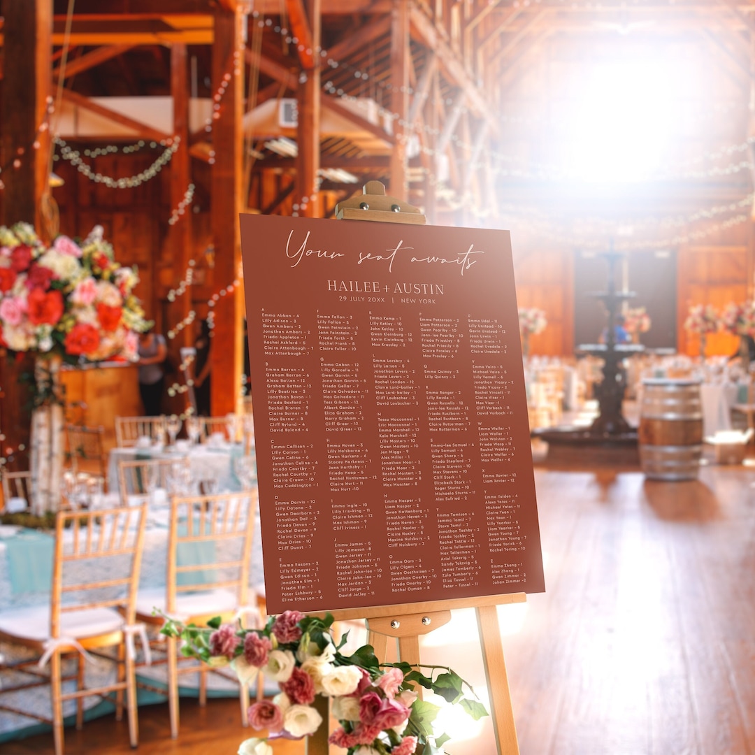 Alphabetic Seating Chart Sign Template for Burnt Orange Wedding ...