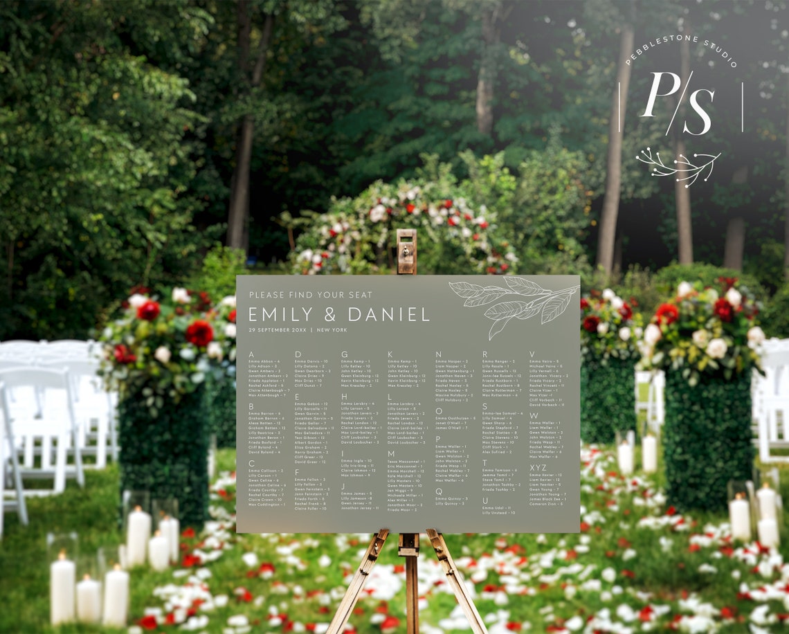 Alphabetical Sage Seating Chart Sign Template | Landscape Sage Green ...