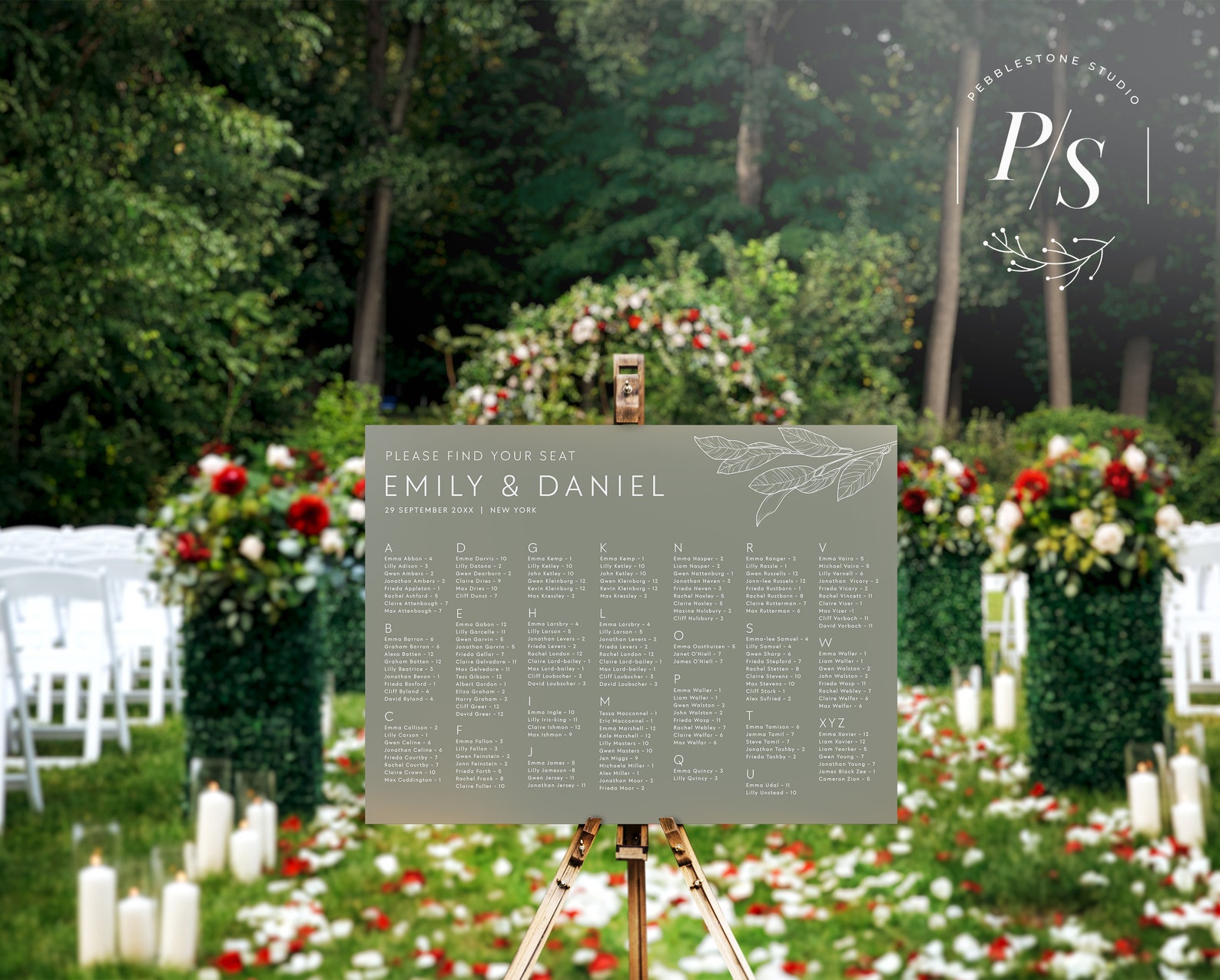Alphabetical Sage Seating Chart Sign Template | Landscape Sage Green ...