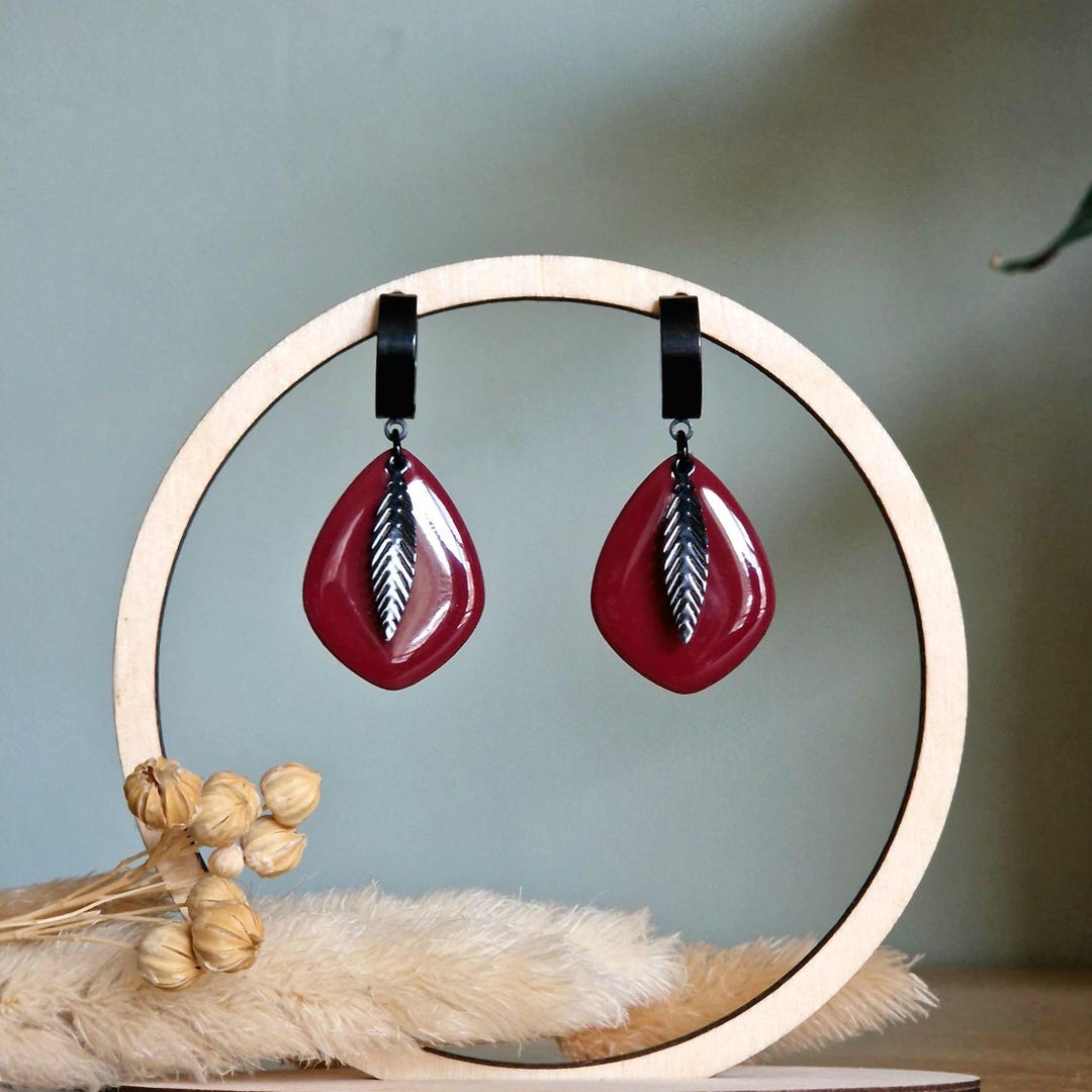 Maroon Earrings, Handmade Gift, Hoop Earrings With Charm, Girlfriend ...