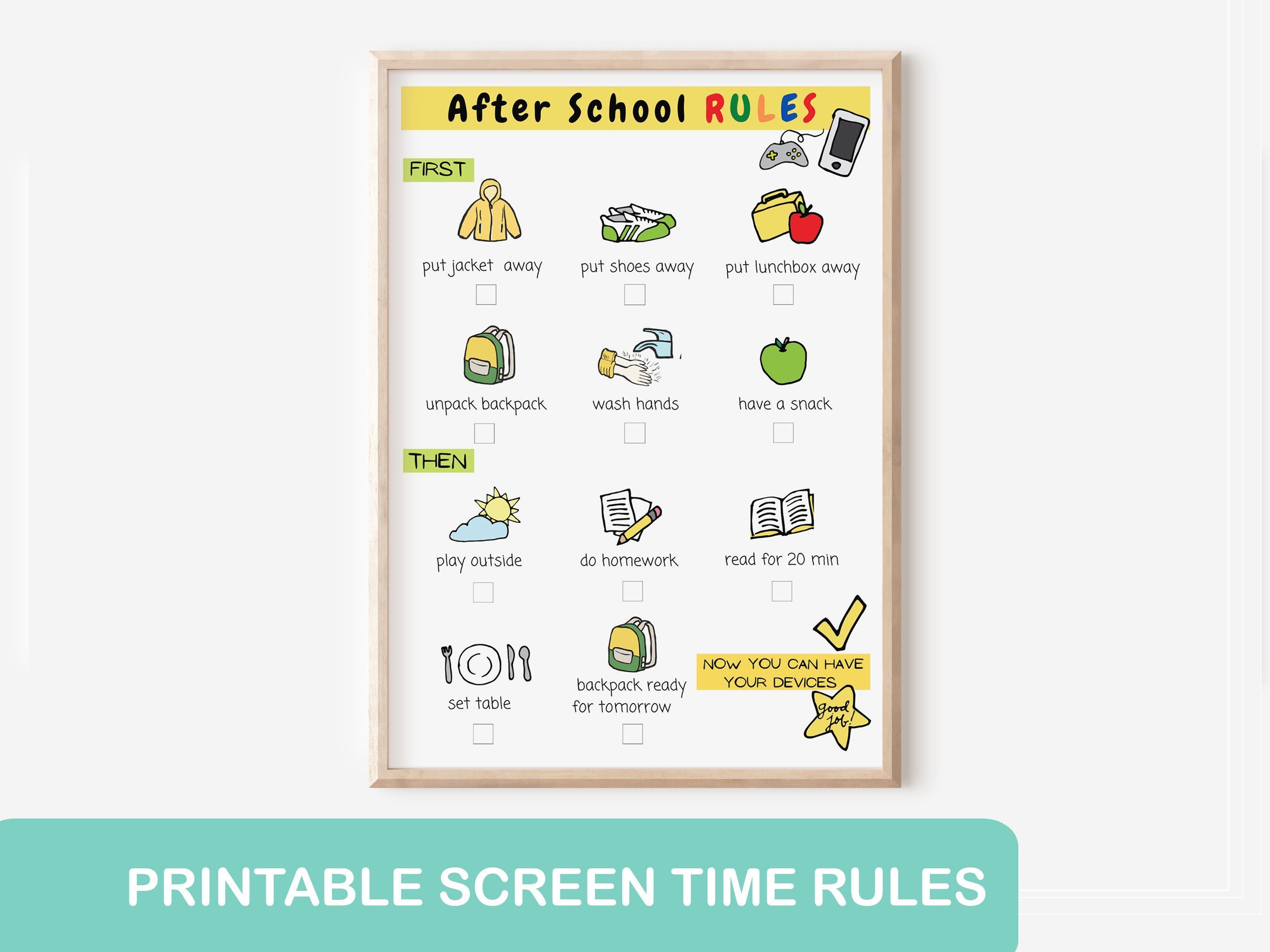Screen Time Rules Kids After School Chore Chart Checklist A4 Print ...