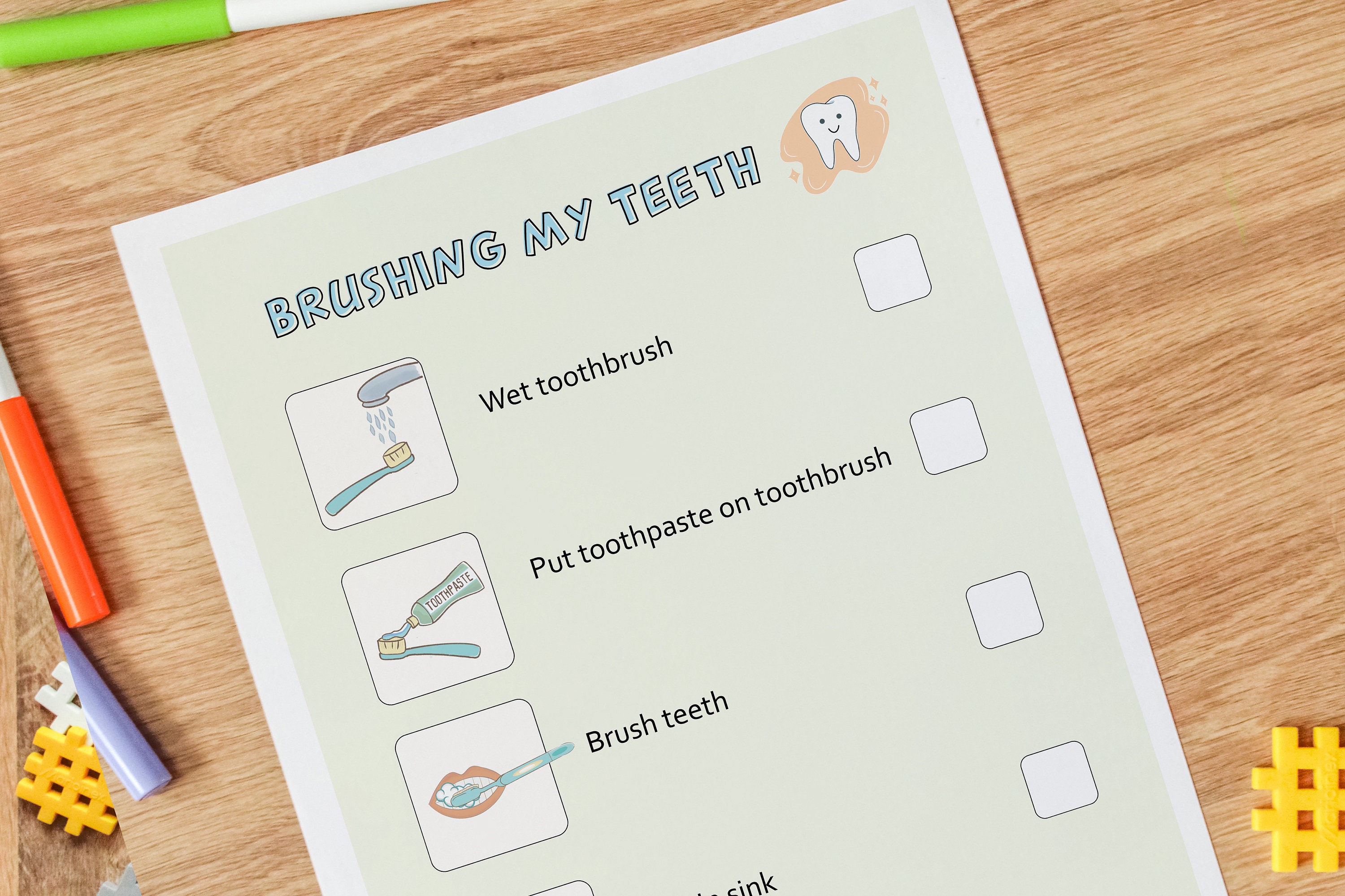 Brushing Teeth Instructions Kids Learning Checklist Bathroom Visual Aid ...