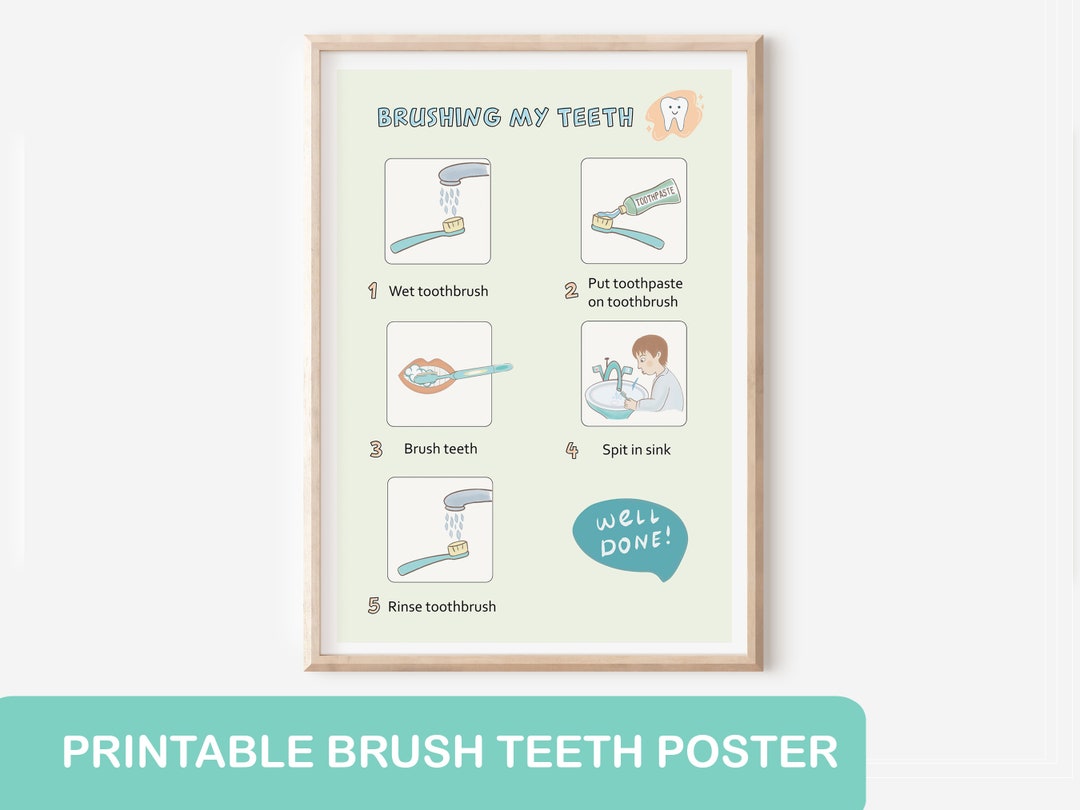 Brushing Teeth Instructions Kids Visual Learning Bathroom Poster Print ...