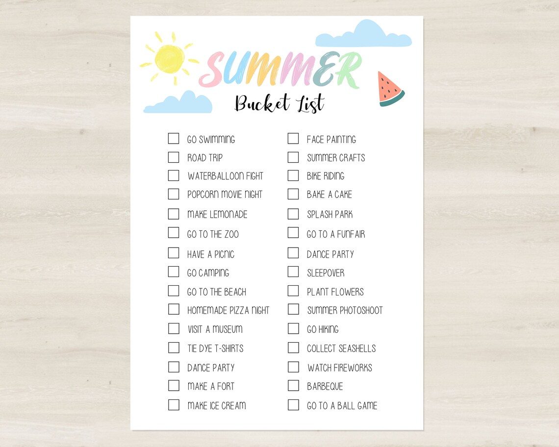 Summer Bucket List Printable Kids Tasks Activities, Kids Summer To-do ...