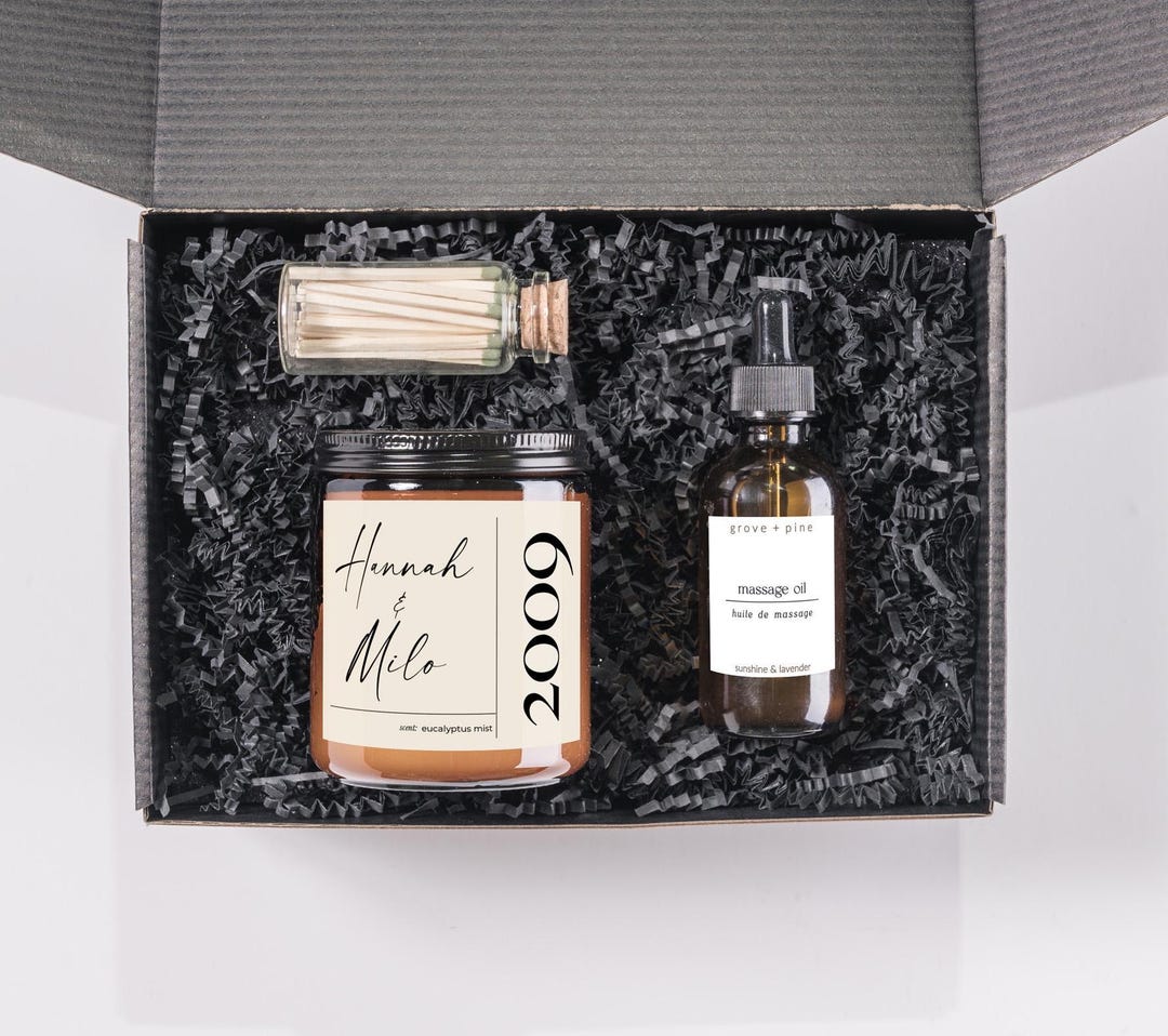 The Wedding Anniversary Gift Box Personalized Scented Candle, Massage ...