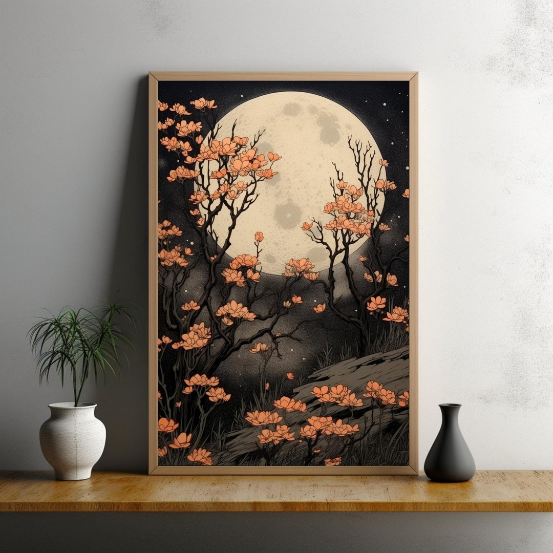 Apricot Blossom Moon Poster, Whimsigoth Flowers Vintage Style Art Print ...