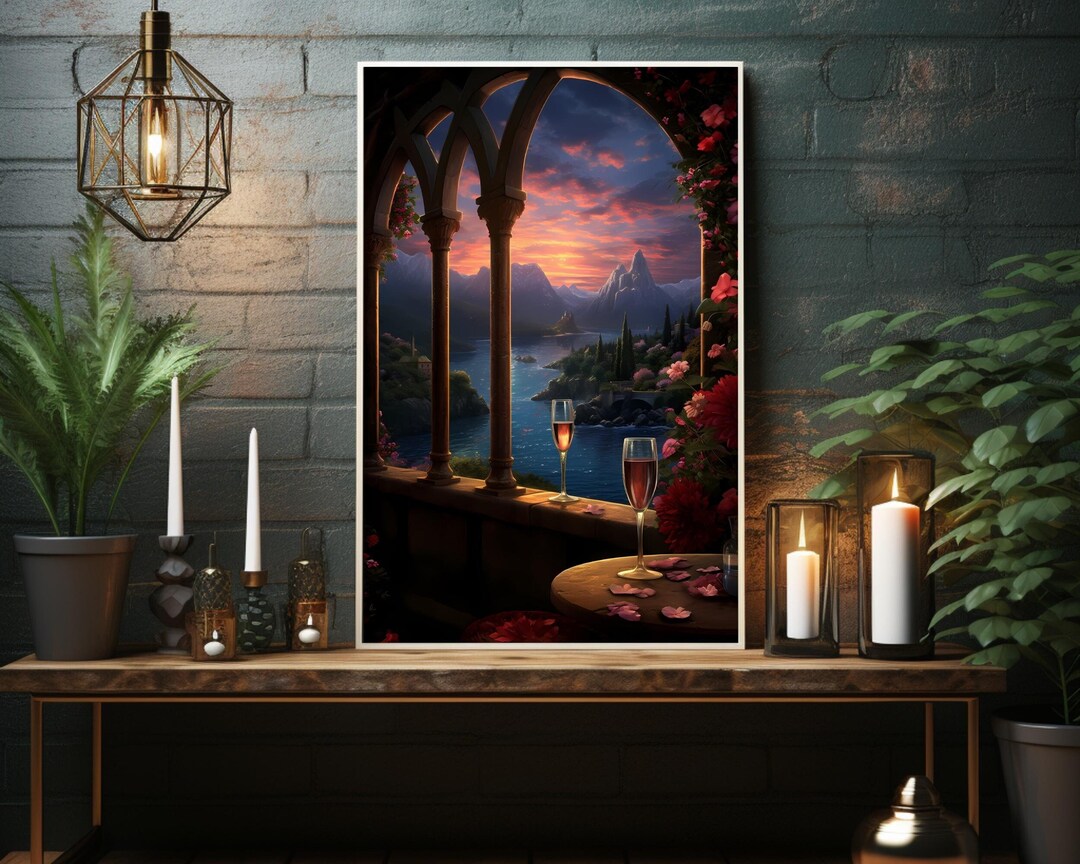 Romantic Sunset Scenery Wall Art, Gothic Arches With Ocean View, Floral ...