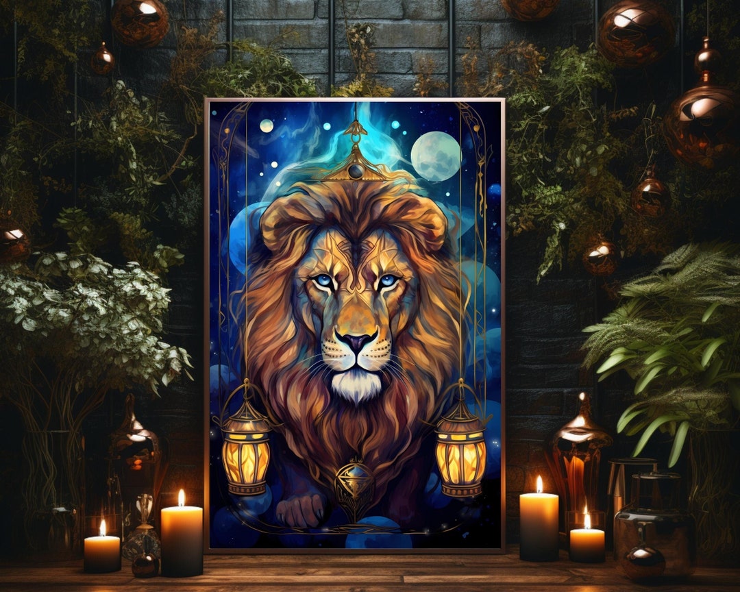 Zodiac Sing Leo With Lantern, Spiritual Poster, Lion Painting, Zodiac ...