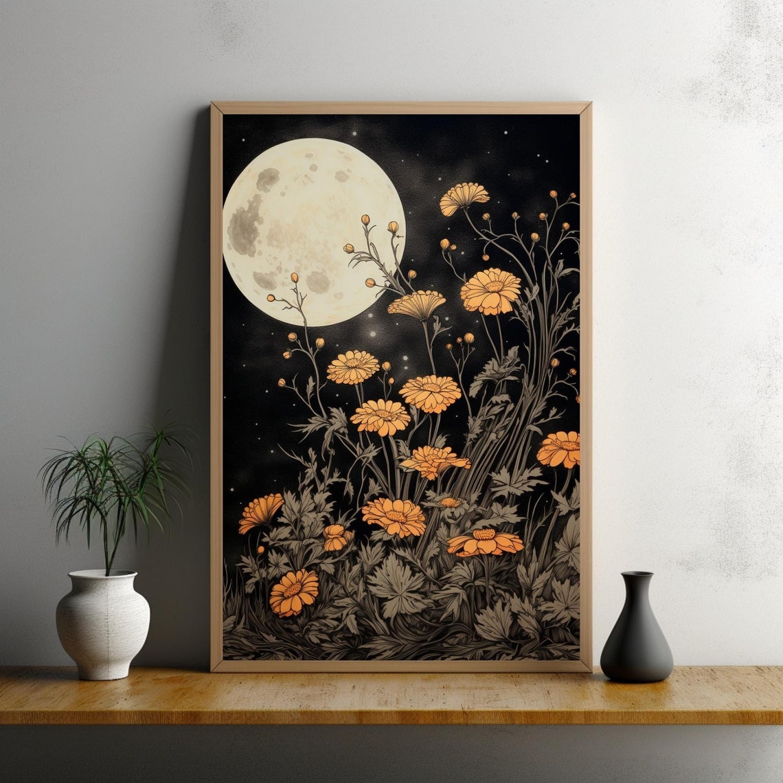 Vintage Moon Wildflower Painting, Whimsigoth Moon Flowers Vintage Style ...