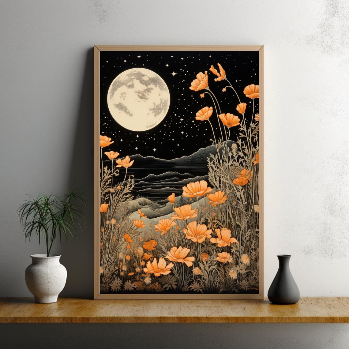 Vintage Moon Wildflowers Poster, Mystic Floral Night Art Print ...