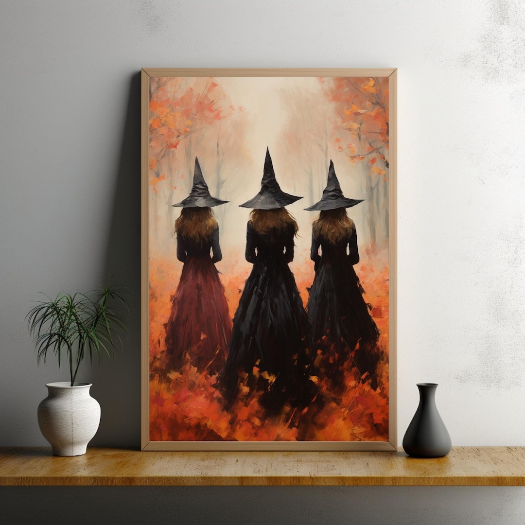 Three Halloween Witches Painting, Autumn Witch Sisters Poster, Hocus ...