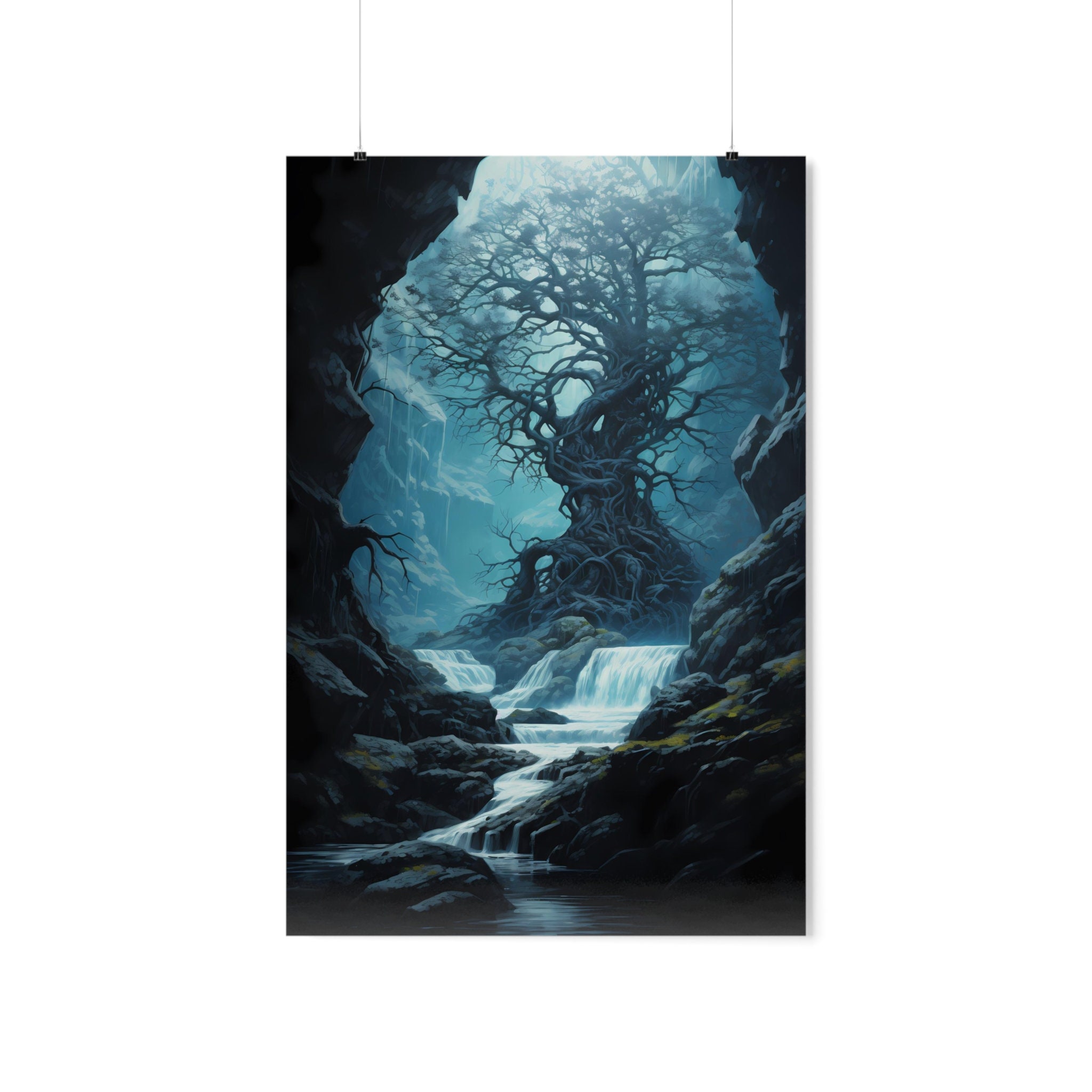 Old Wise Tree in Waterfall Cave I Fantasy Art Print I Tree Poster I Original Painting I Art ...