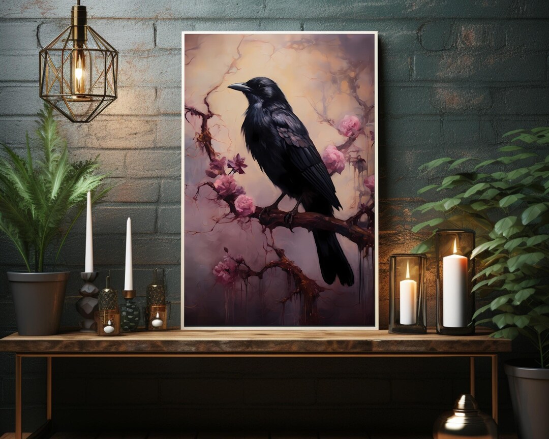 Gothic Raven Among Roses Poster, Dark Fantasy Wall Art, Mystical Avian ...