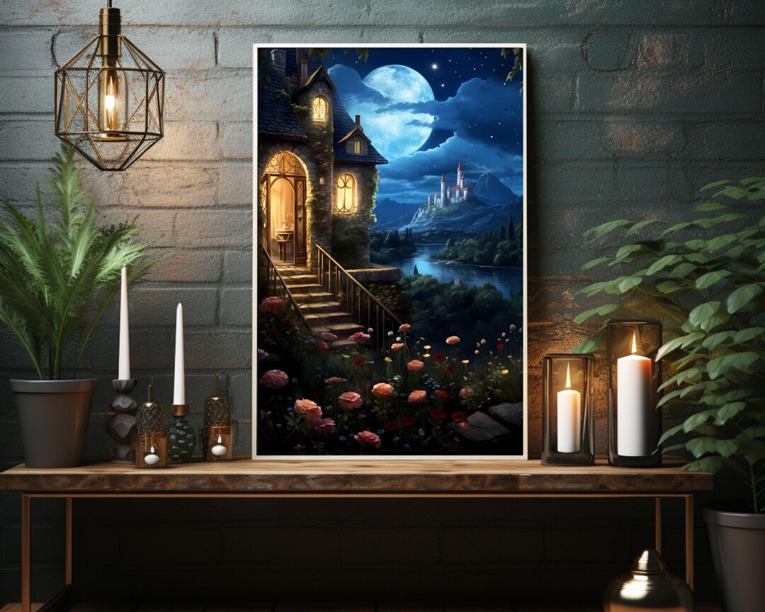 Enchanted Castle Moonlight Poster, Fairytale Landscape Art, Magical ...