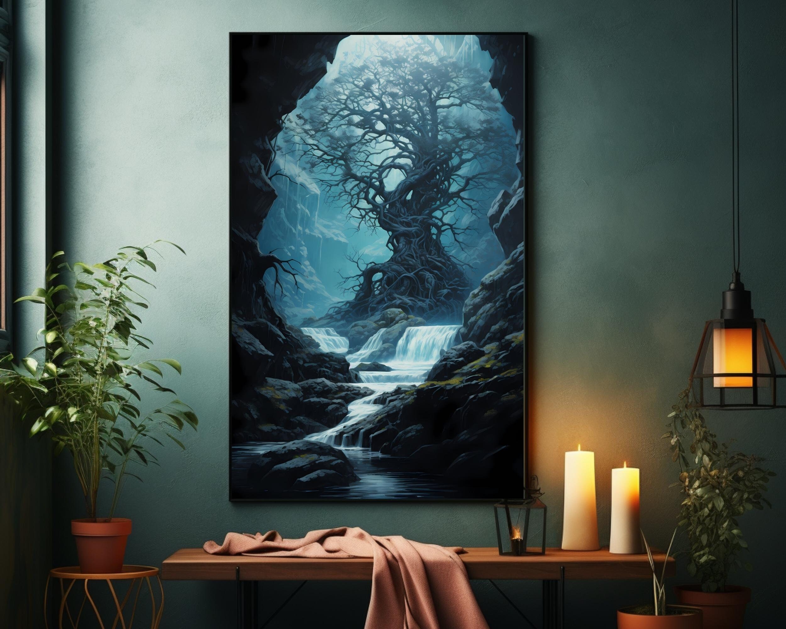 Old Wise Tree in Waterfall Cave I Fantasy Art Print I Tree Poster I ...