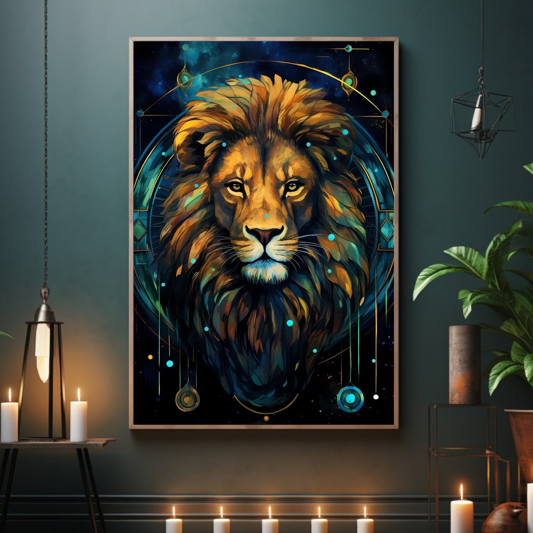 Spiritual Zodiac Sign Leo, Cosmic Majestic Lion Wall Art, Celestial ...