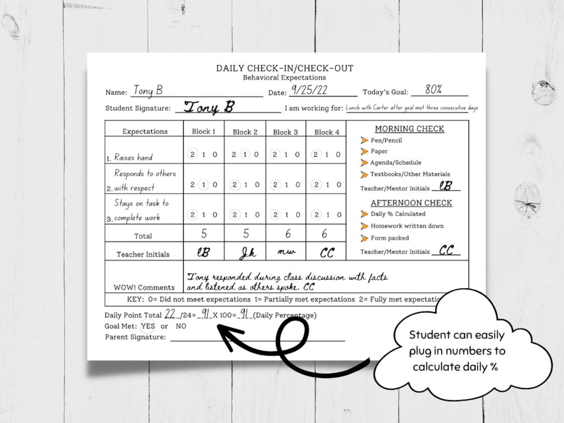 Printable Check-in/check-out Sheets, Middle School CICO, Behavioral ...