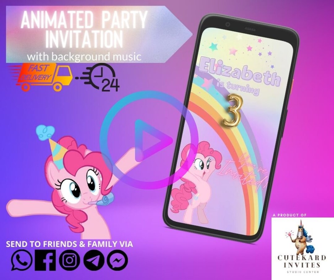My Little Pony Video Invitation, Unicorn Birthday Invitation, Pinkie ...