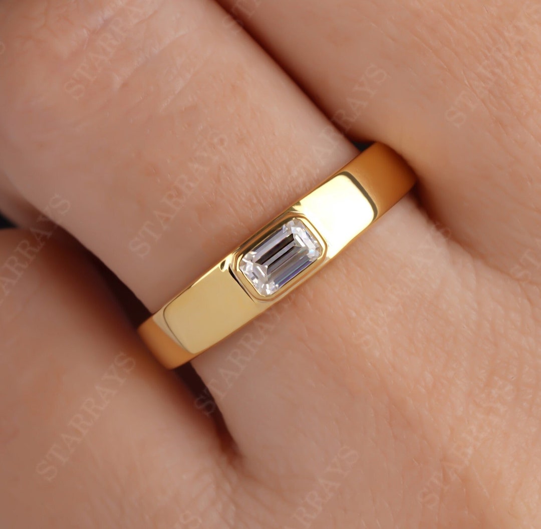Emerald Cut Diamond Ring, 14k Gold Dome Bezel Setting Emerald Cut ...