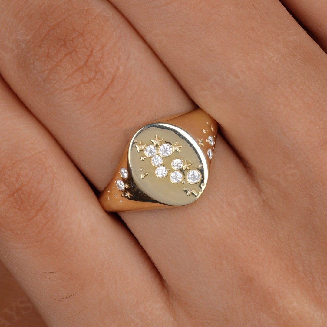 14k Gold Diamond Celestial Signet Ring Moissanite Stars - Etsy
